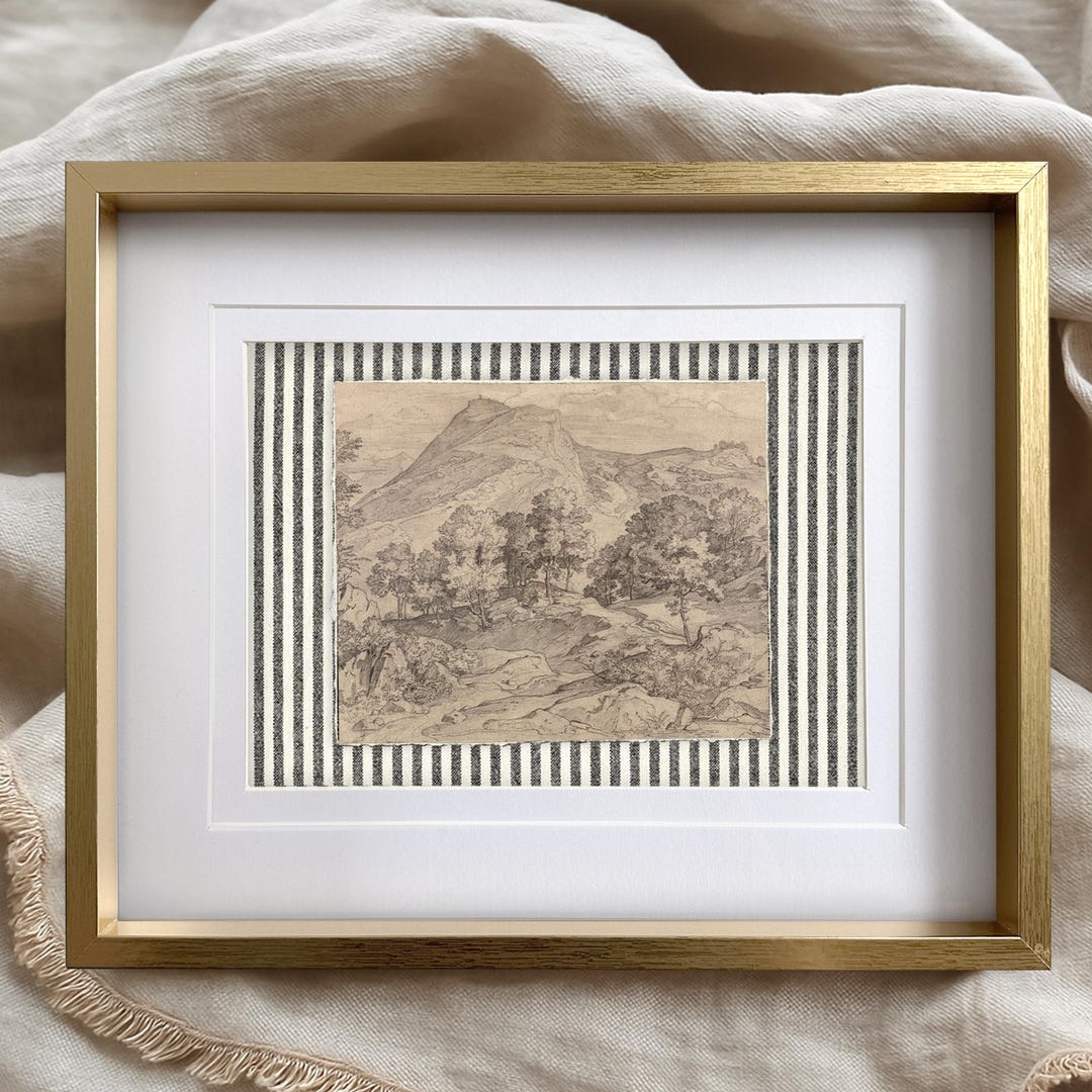 Framed Vintage Landscape Sketched Giclée Print, Gold Frame, European ...