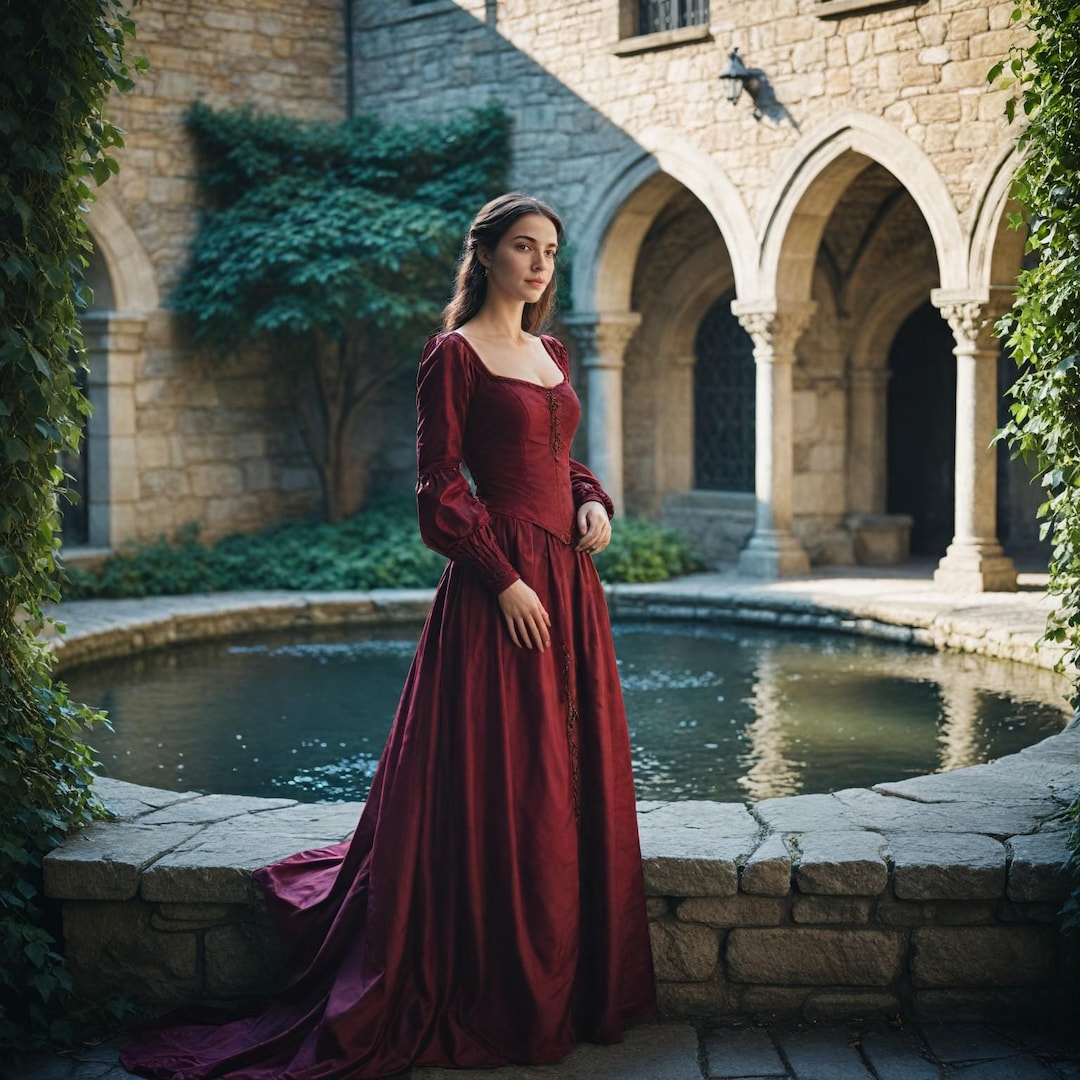 Elegant Burgundy Renaissance Gown | Medieval-inspired Women's Long ...