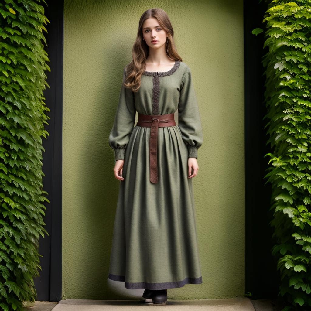 Green Medieval Peasant Dress With Brown Belt | Long Sleeve Gown Women's ...