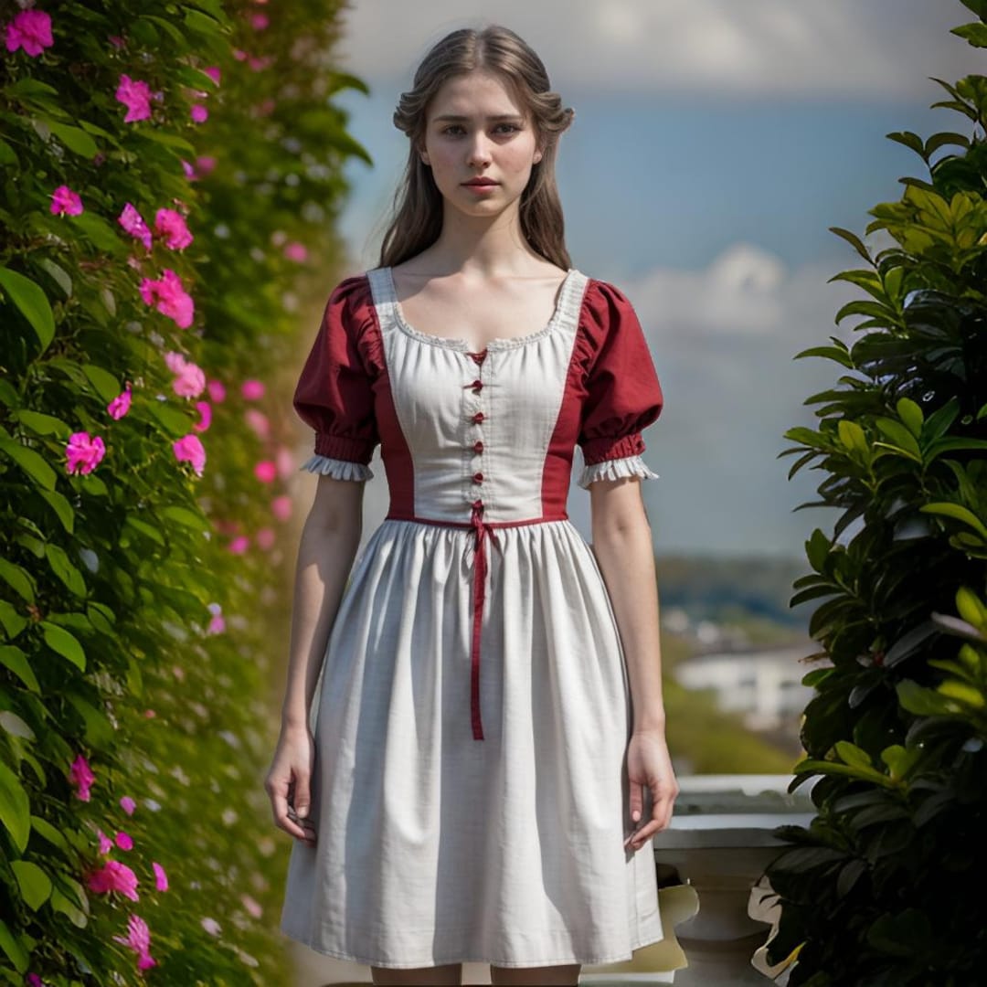 Medieval Dress With Red Bodice & Puff Sleeves | Viking Peasant ...