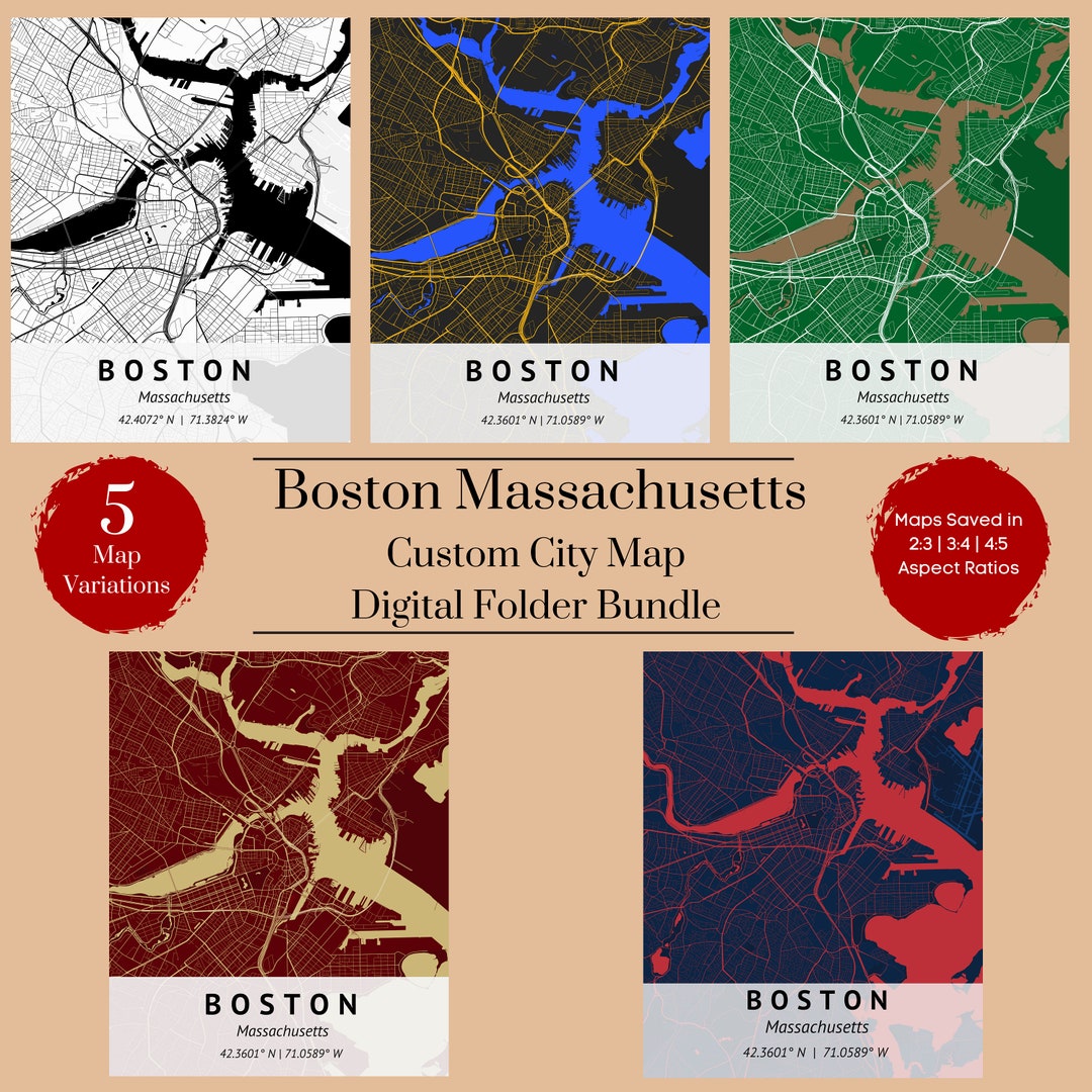 Custom City Map Boston Digital Download Folder | Map Print Digital ...