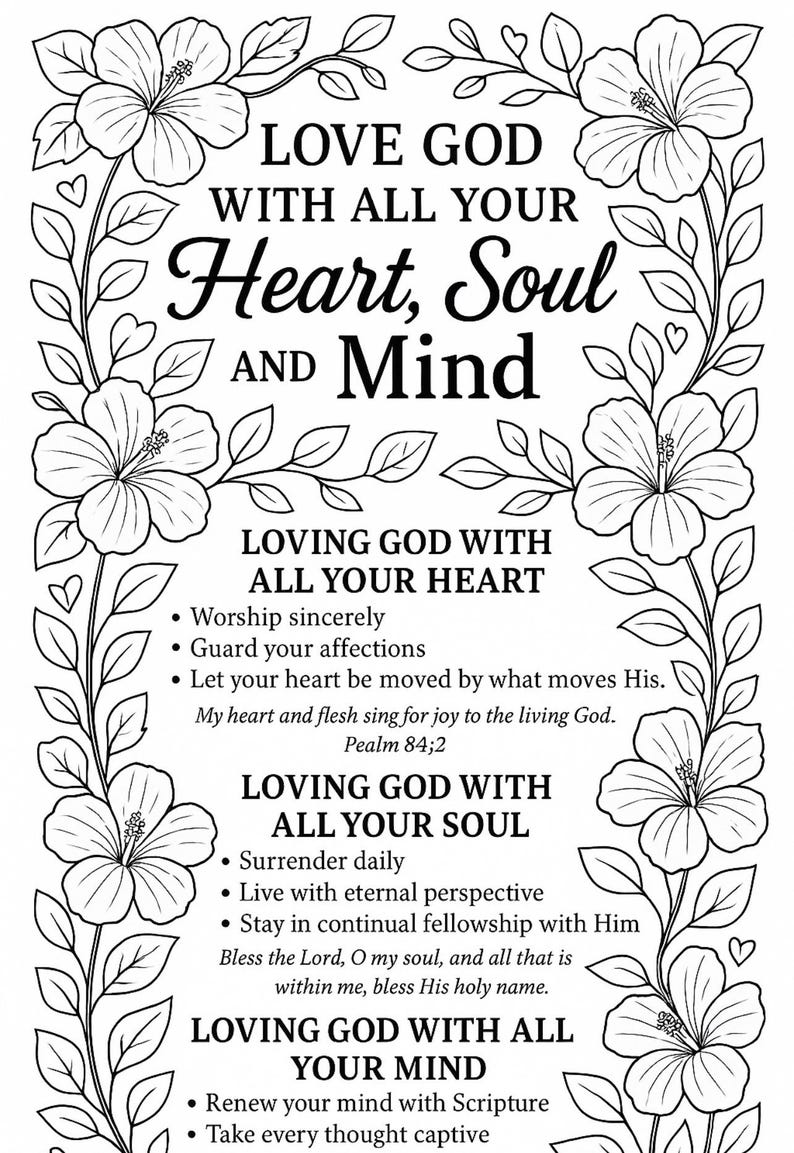 Christian Coloring Page: Love God With Heart, Soul, Mind (printable) - Etsy