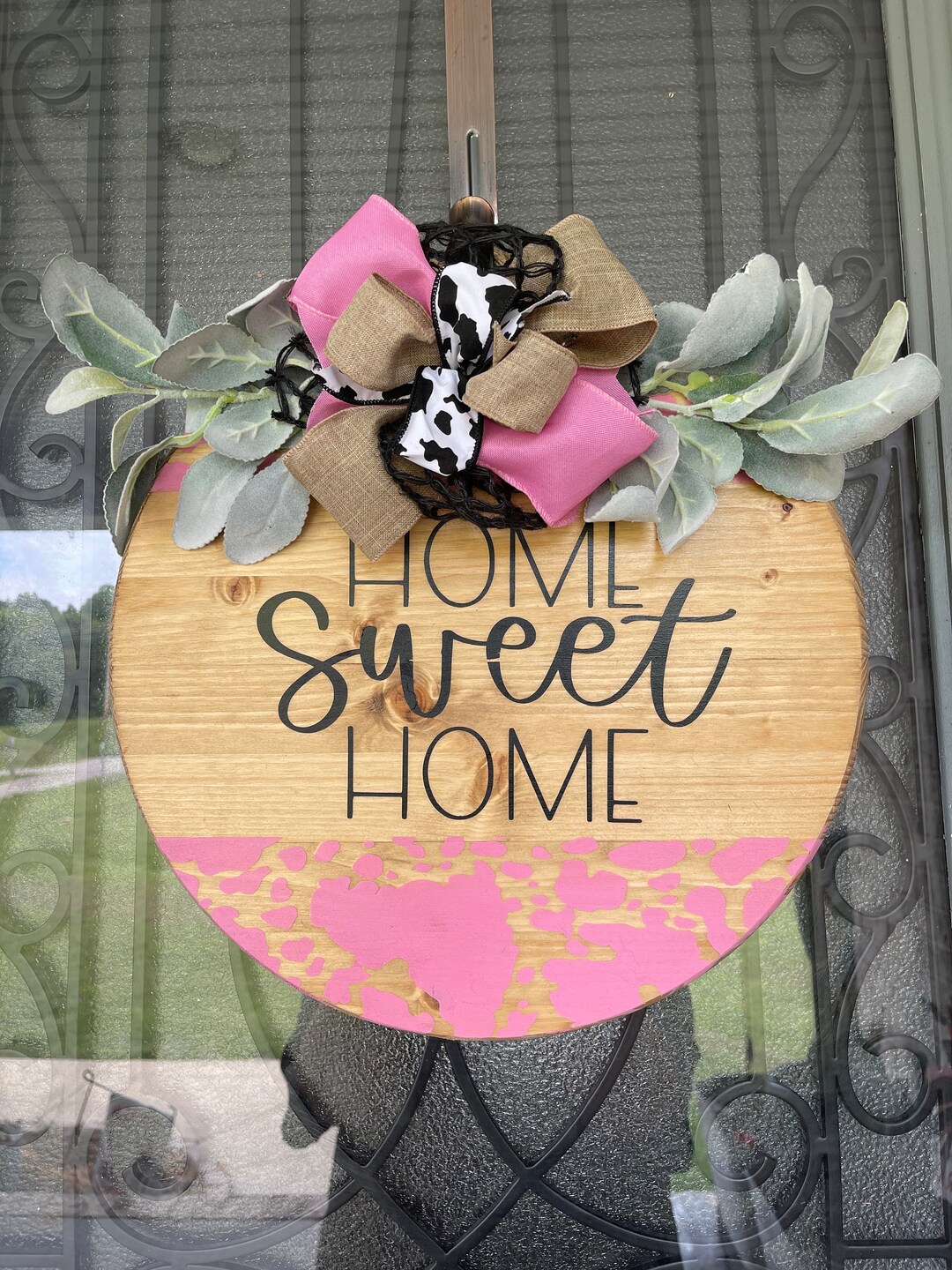 Pink Cow Print Home Sweet Home Wooden Round Sign - Etsy