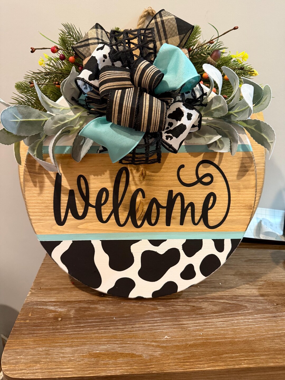 Welcome Cow Print With Teal Wooden Round Sign - Etsy