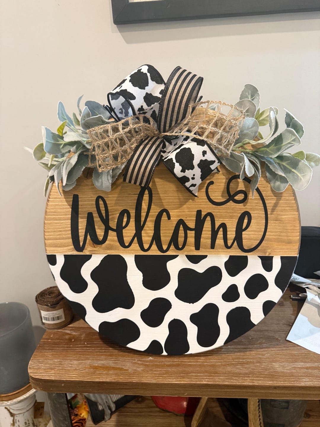 Welcome Cow Print Wooden Round Sign - Etsy