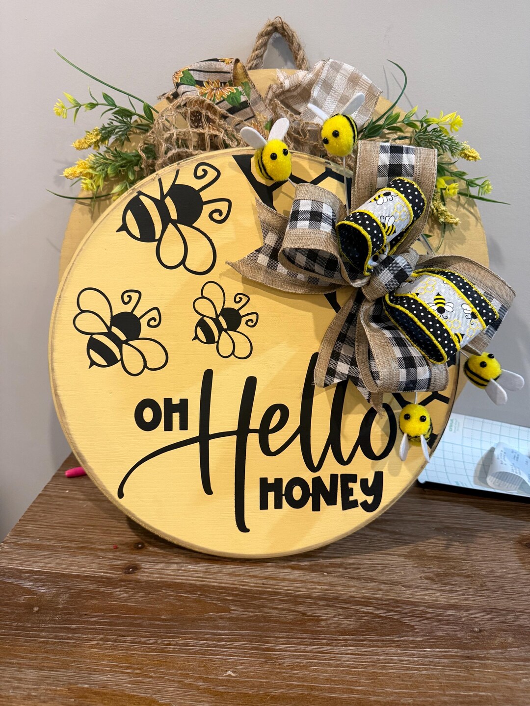Oh Hello Honey Bee Wooden Round Sign - Etsy