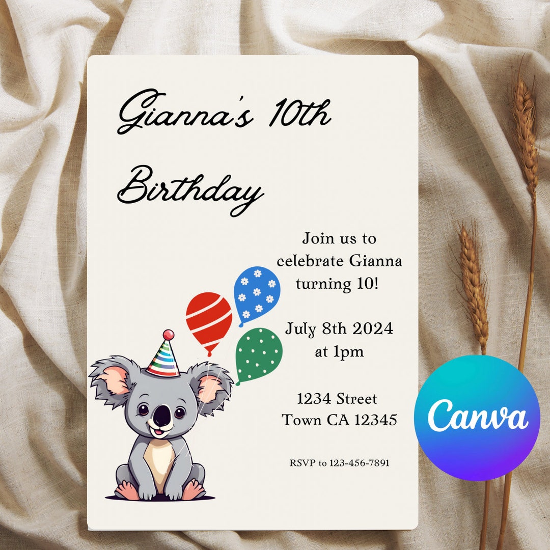 Koala Party Invitation Template - Etsy