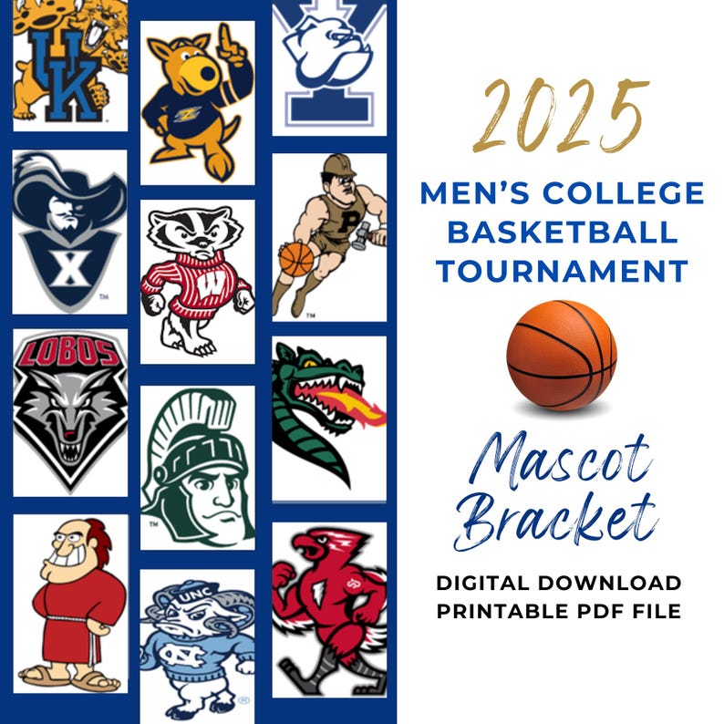 Mascot Bracket for Men's College Basketball Tournament 2025 Printable ...