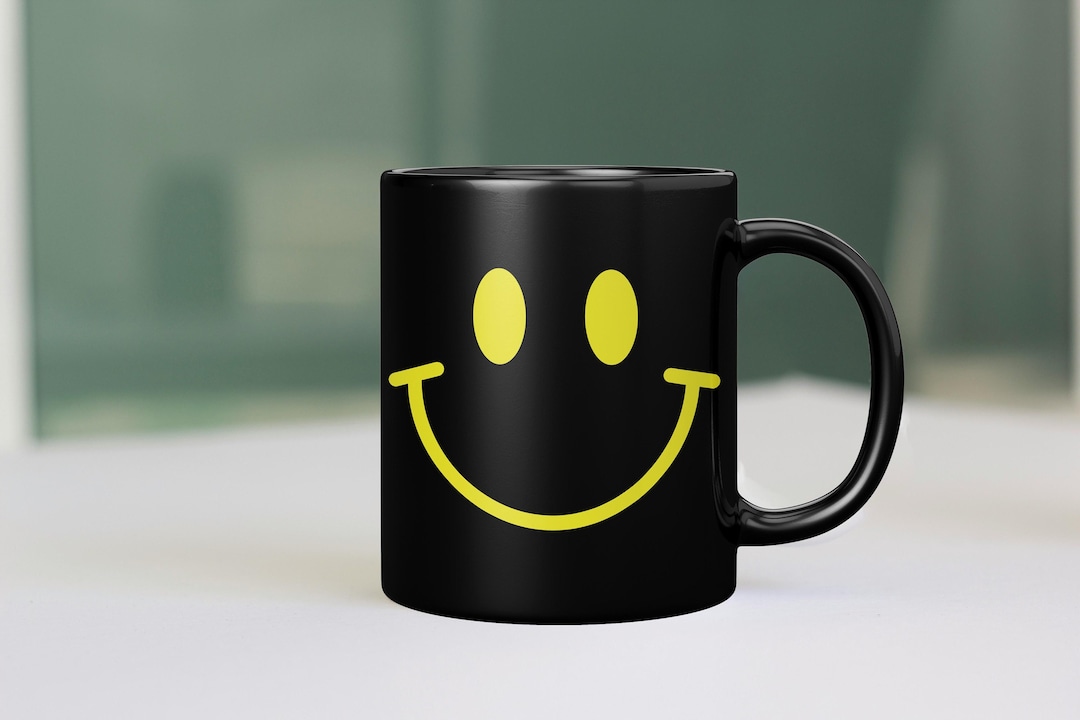 Smiley Face Coffee Mug: Cheerful Black Ceramic Mug, Happy Gift, Happy ...