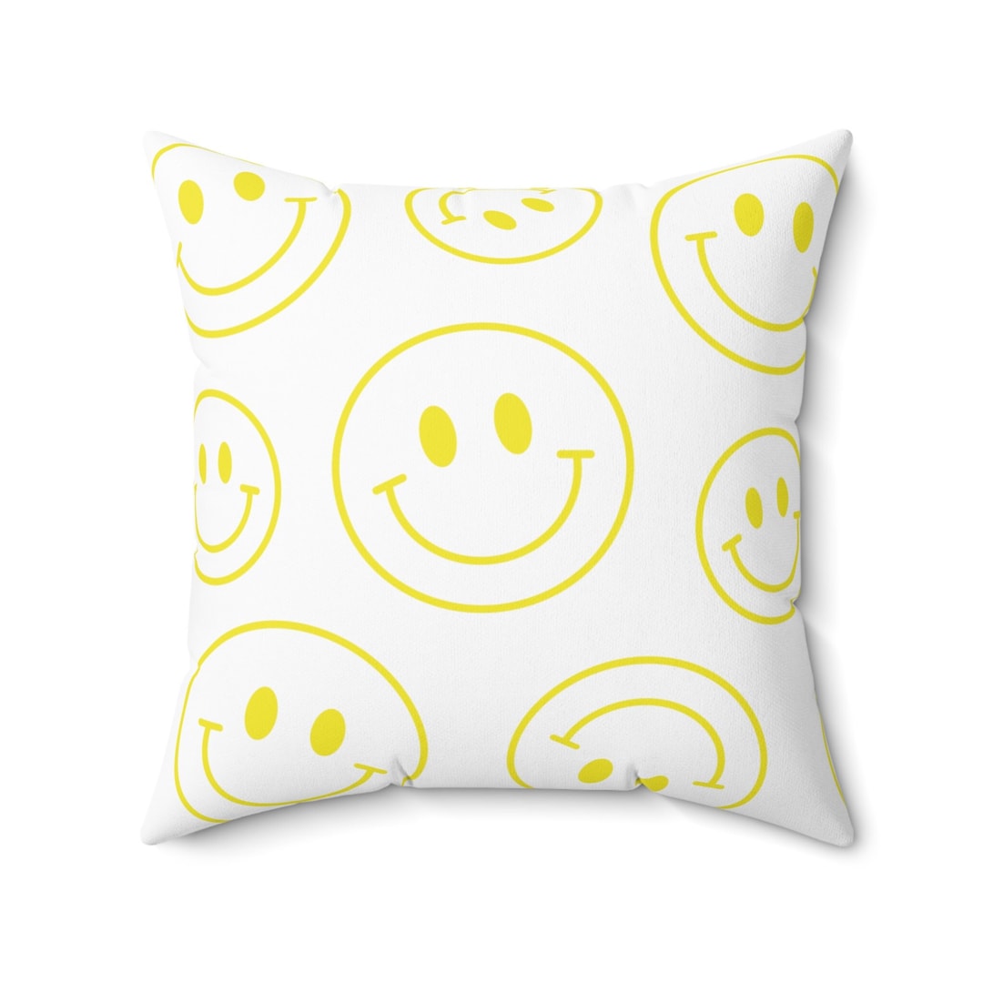 Smiley Face Square Pillow, Faux Suede, White and Yelow Emoji Sofa ...