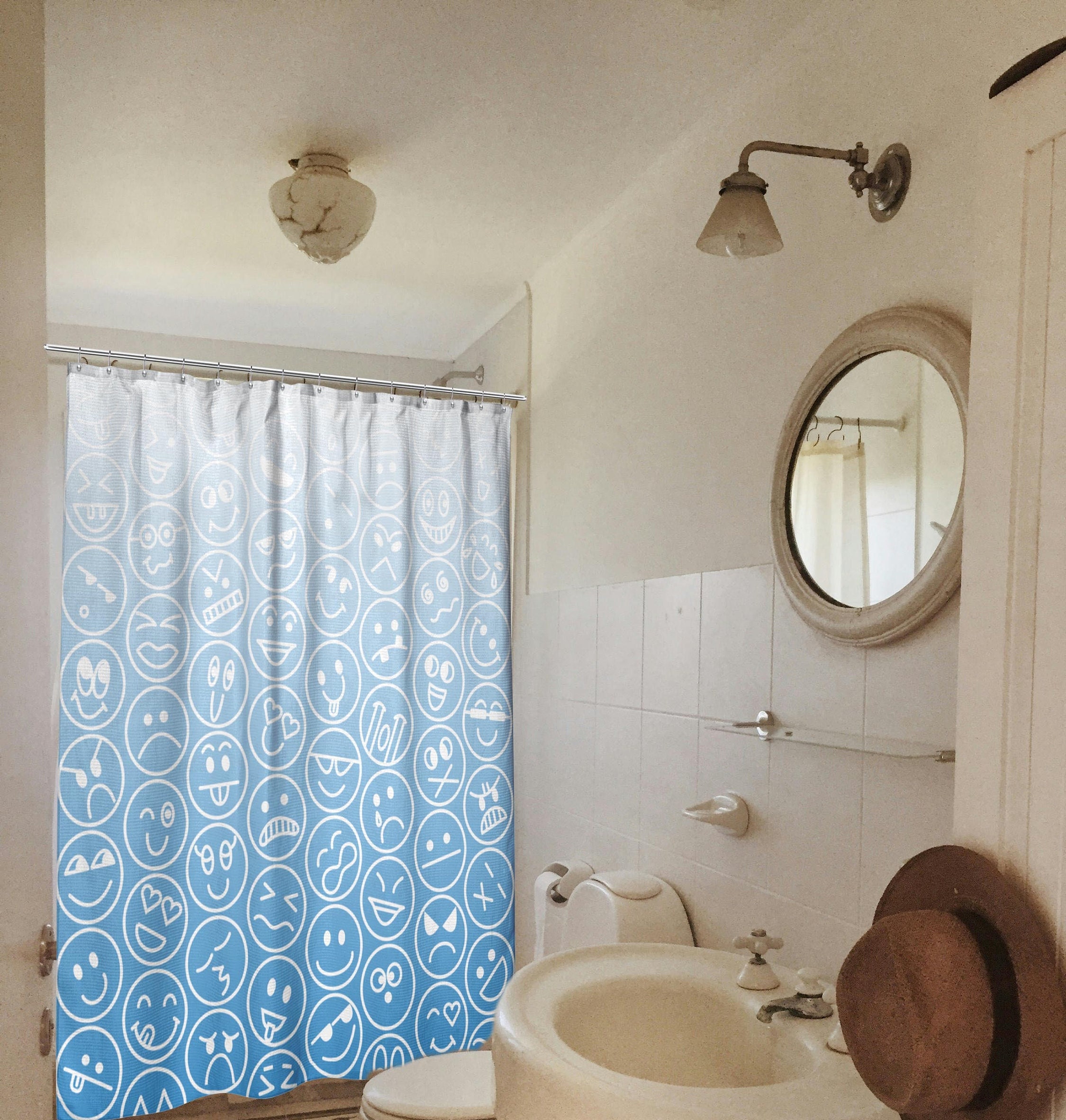 Smiley Face Shower Curtain Blue Ombre Emoji Shower Curtain Smiley Face ...