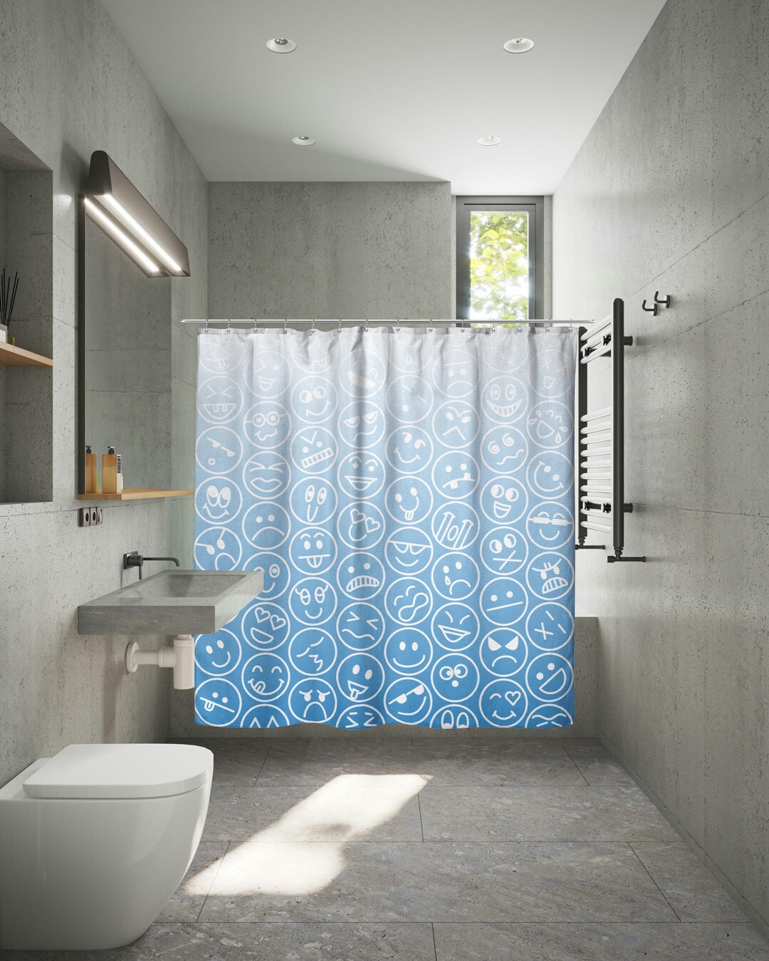 Smiley Face Shower Curtain Blue Ombre Emoji Shower Curtain Smiley Face ...