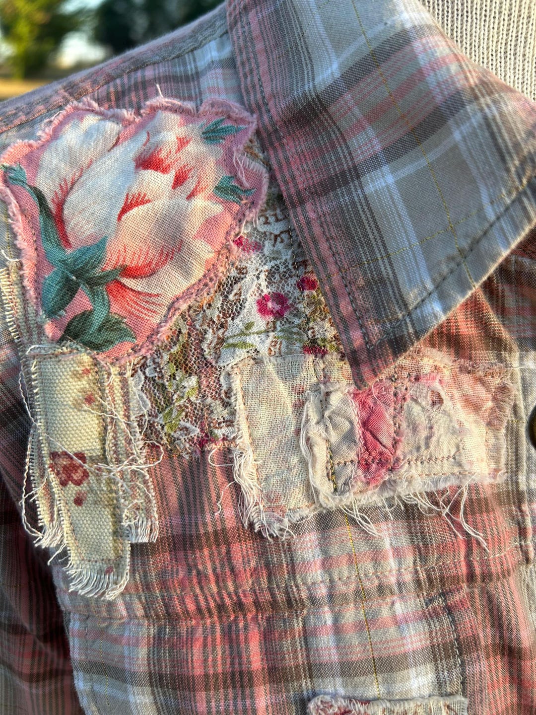 Upcycled Boho Rose Pink Plaid Jacket Lace Applique Patchwork Sz Large ...