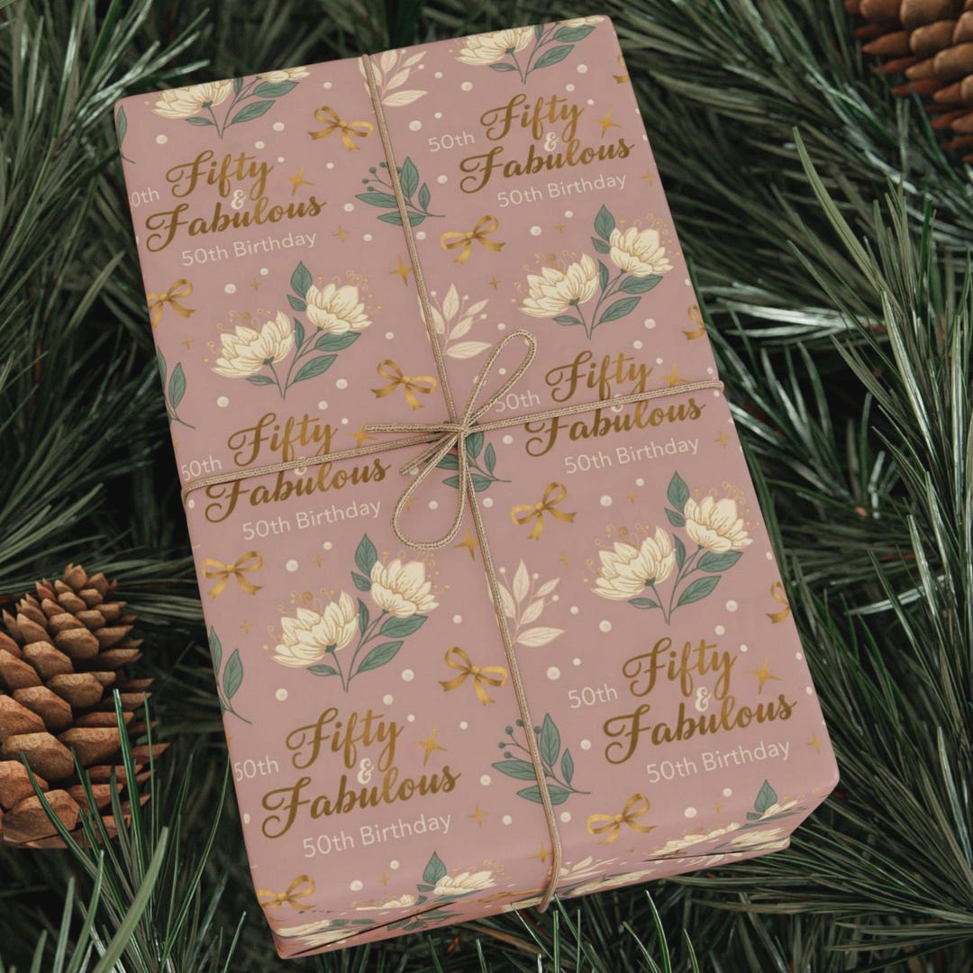 Fifty and Fabulous Wrapping Paper, 50th Birthday Floral Gift Wrap for ...