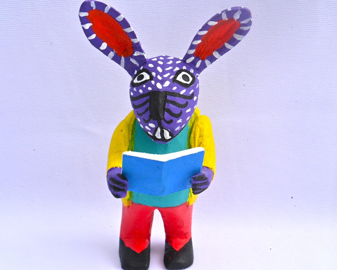 Oaxaca Wood Carving Rabbit With Book Mexican Folk Art - Etsy