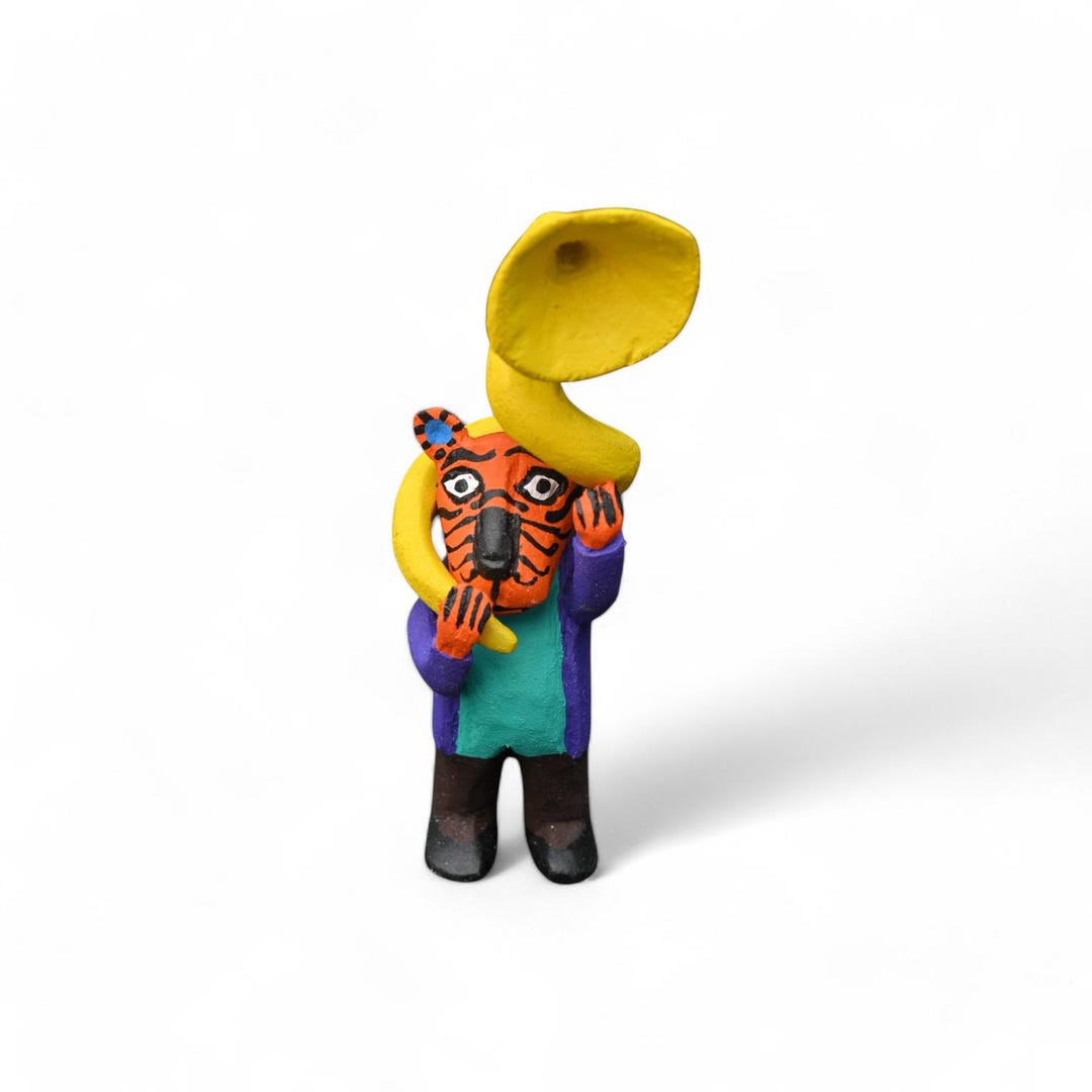 3.5" Oaxaca Wood Carving Musician Tiger With Tuba Mexican Folk Art - Etsy
