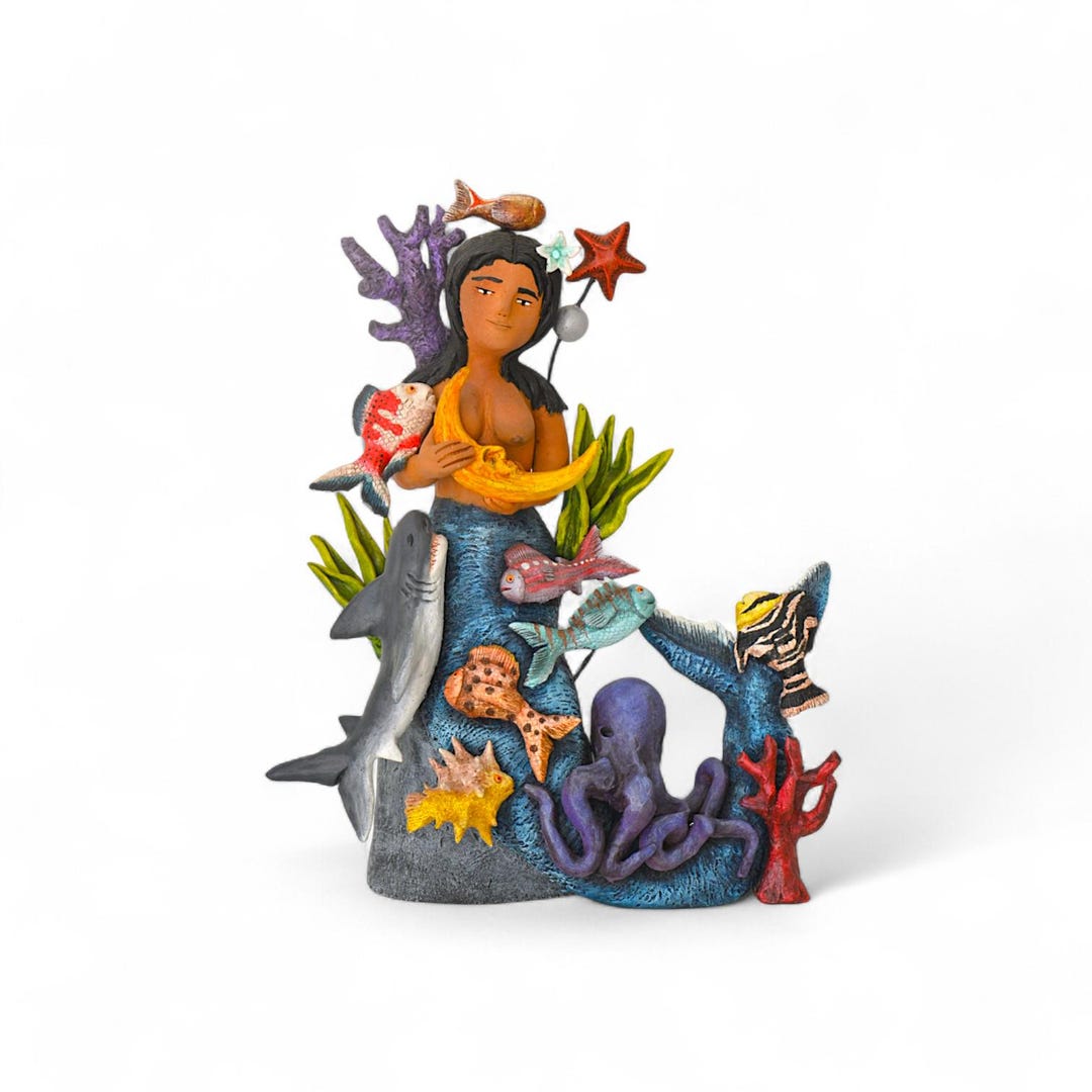 12.00" Clay Mermaid,mermaid Figures,resting Mermaid,mermaid With Sea ...