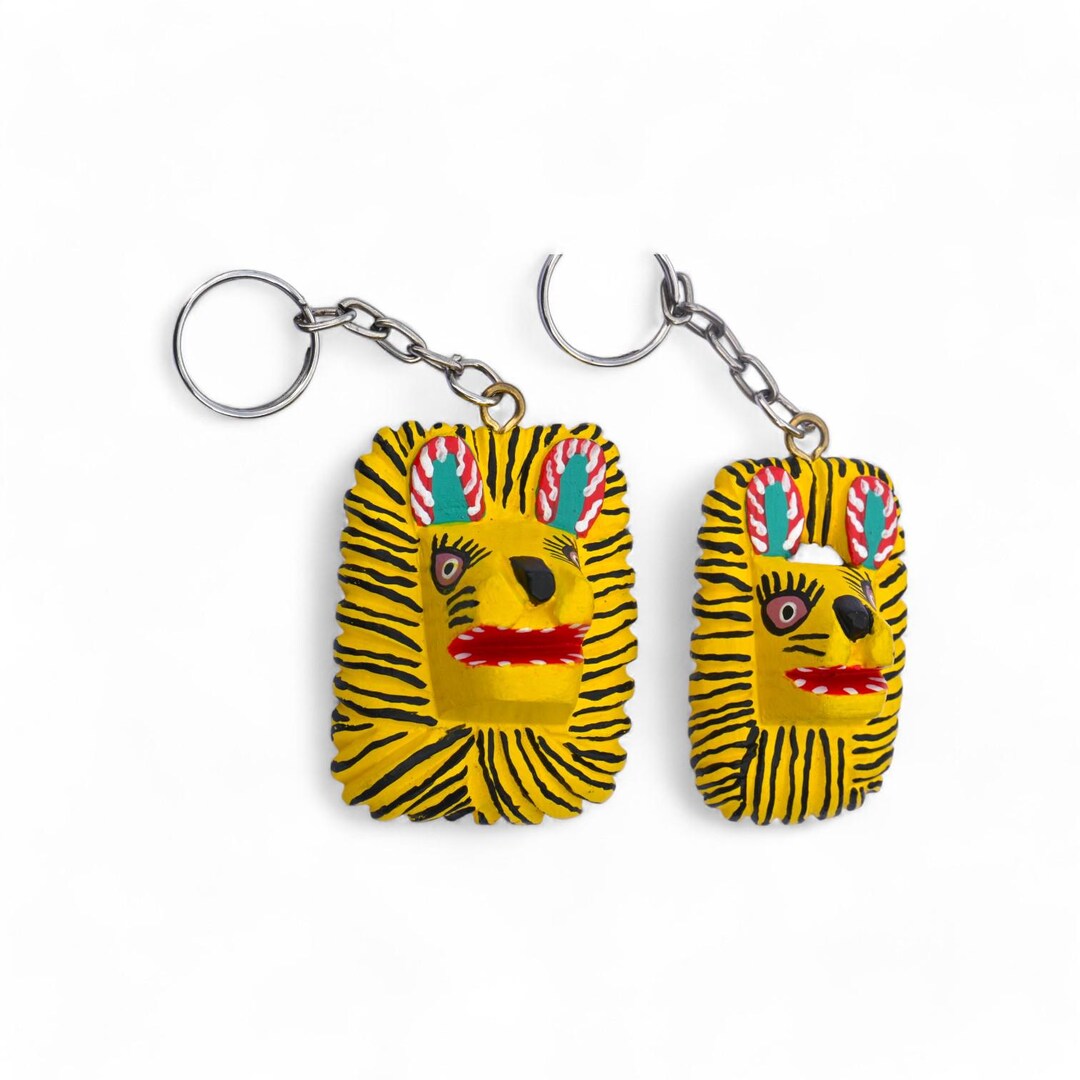 Adrián Xuana Oaxaca Wood Carving Pair Lion Keychain Figurine Mexican ...