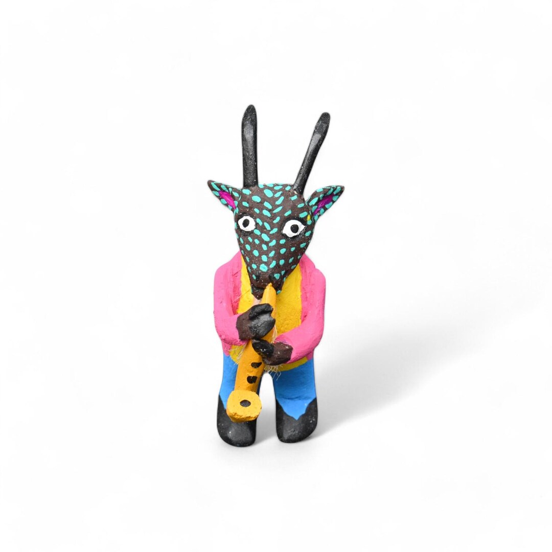 3.5" Oaxaca Wood Carving Musician Goat With Saxophone Mexican Folk Art ...