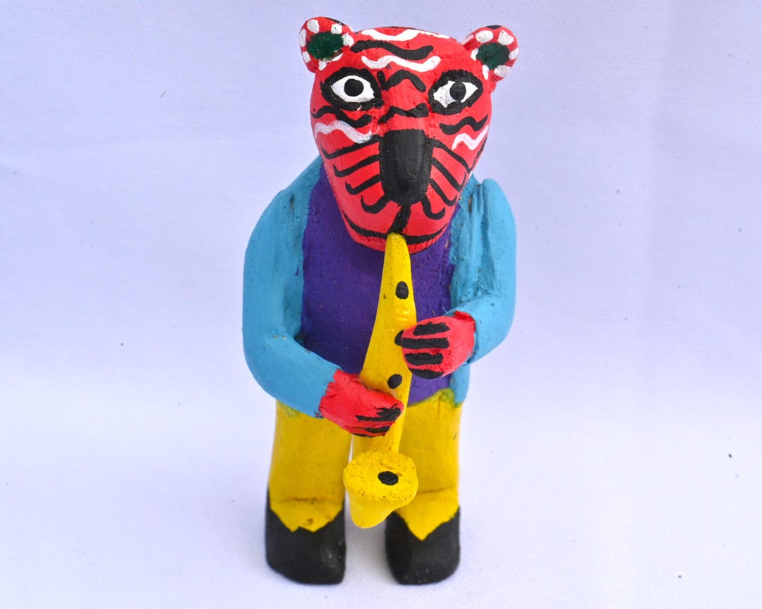 Oaxaca Wood Carving Musician Tiger With Saxophone Mexican Folk Art - Etsy