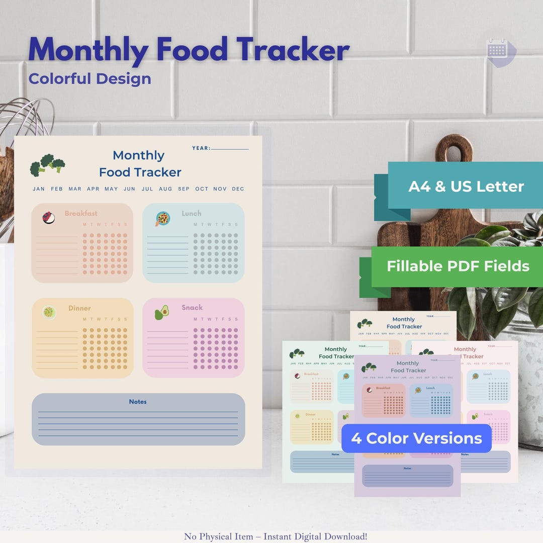 Monthly Food Tracker, Meal Planner, Digital & Printable, Diet List, A4 ...