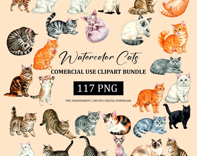 25 Cat Watercolor Clipart | Digital Download | Cat Lover Gift ...