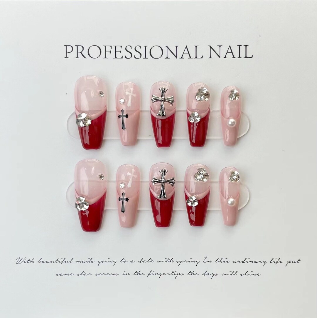 French Red Crocodile Heart Cross Gel Nails Press on Nails Handmade ...