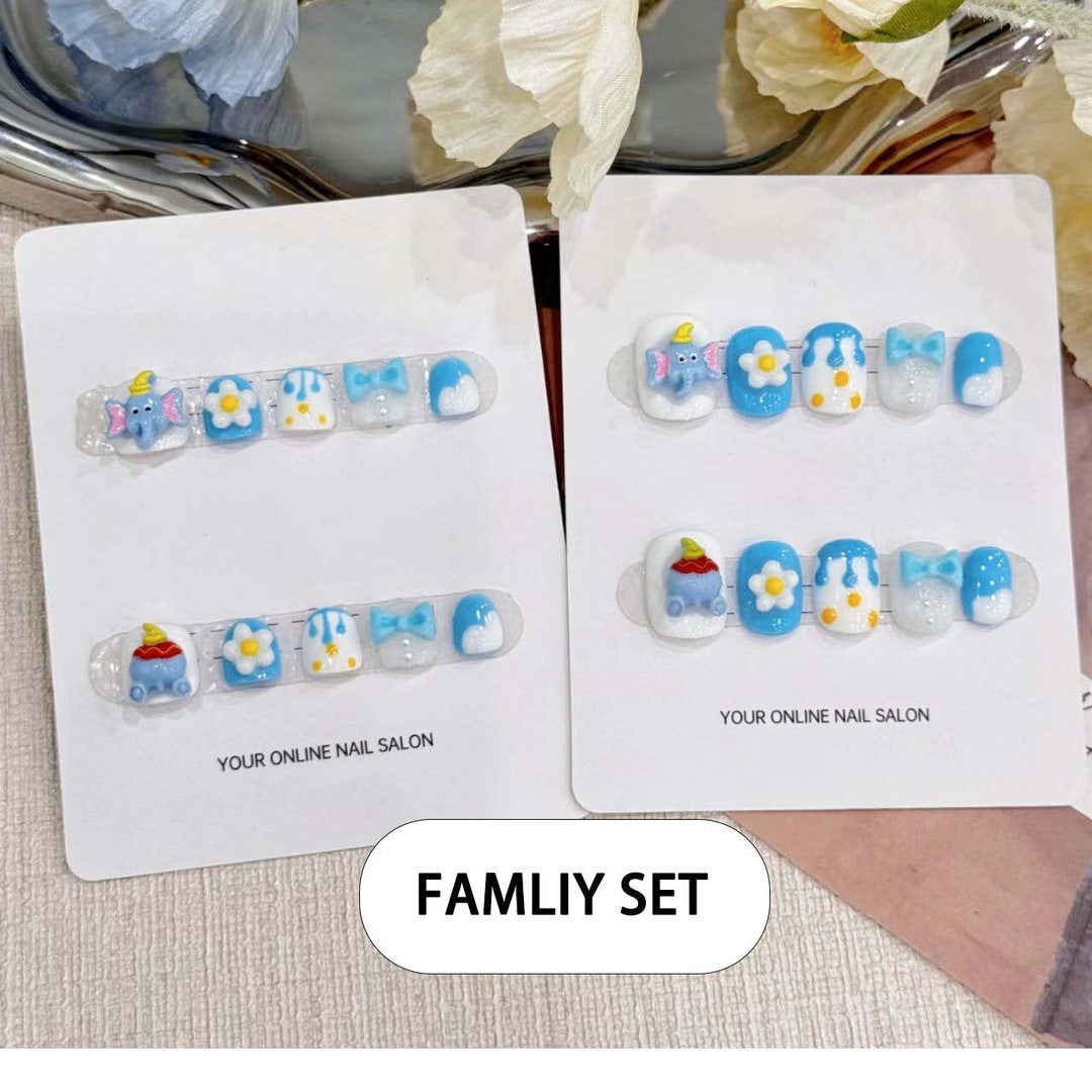 Family Set Series Cartoon Dumbo Blue Gel Nails Press on Nails Handmade ...