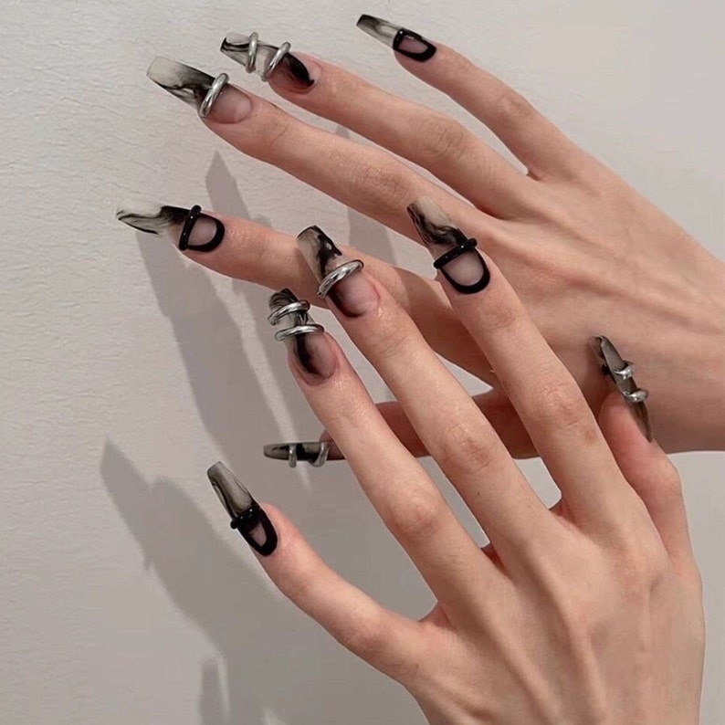 Luxury Dark Gothic Ink Swoosh Smoke Gel Nails Press on Nails Fake Nails ...