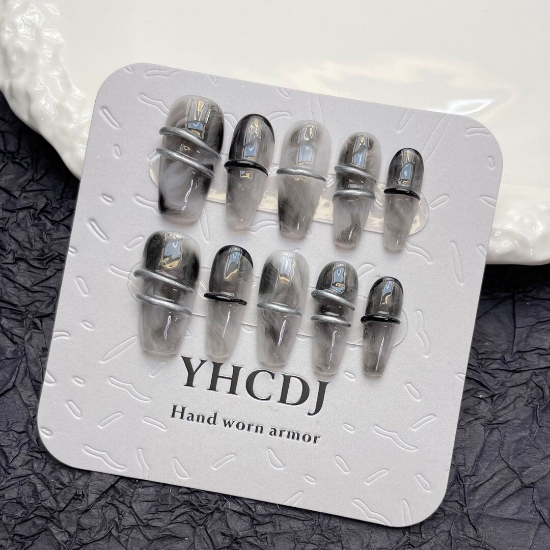 Luxury Dark Gothic Ink Swoosh Smoke Gel Nails Press on Nails Fake Nails ...