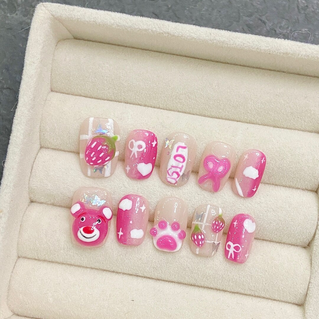 Cute Cartoon Hand-painted Pink Lotso Gel Nails Press on Nails Handmade ...