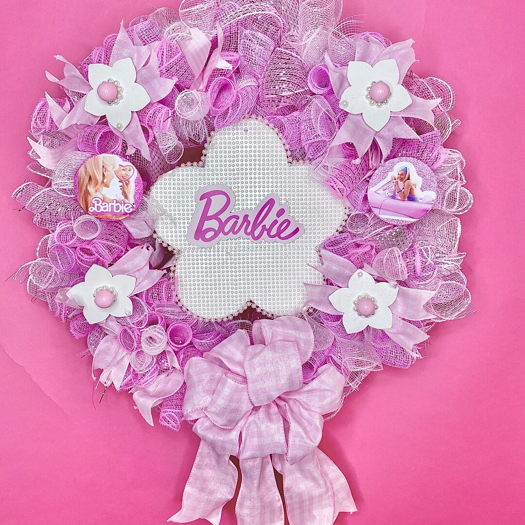 BARBIE Gingham Barbie Movie Pink Deco Mesh Door Wreath 20 Inch Handmade ...