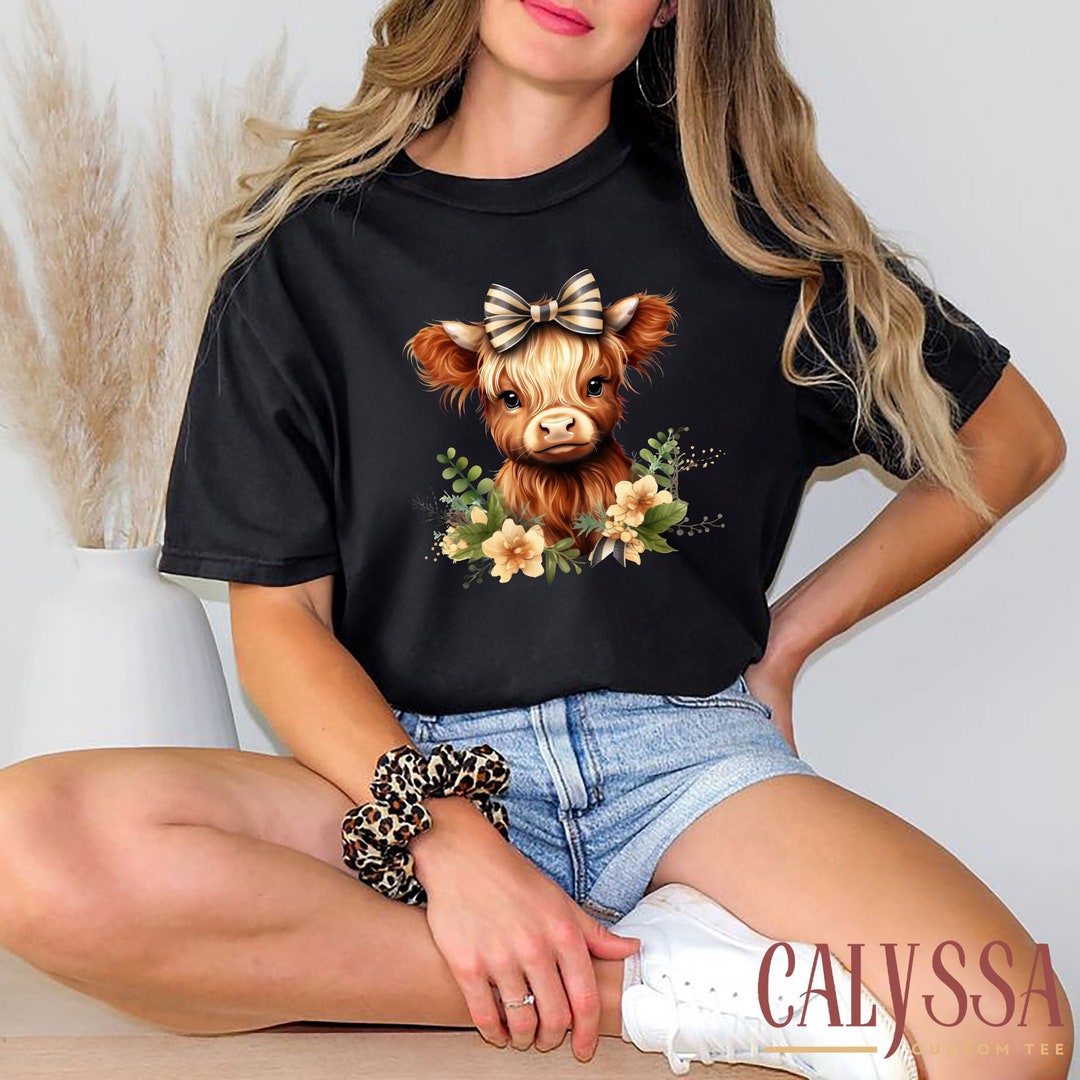 Highland Cow With Bow-flowers T-shirt, Cute Cow Tee, Eco-friendly Shirt ...