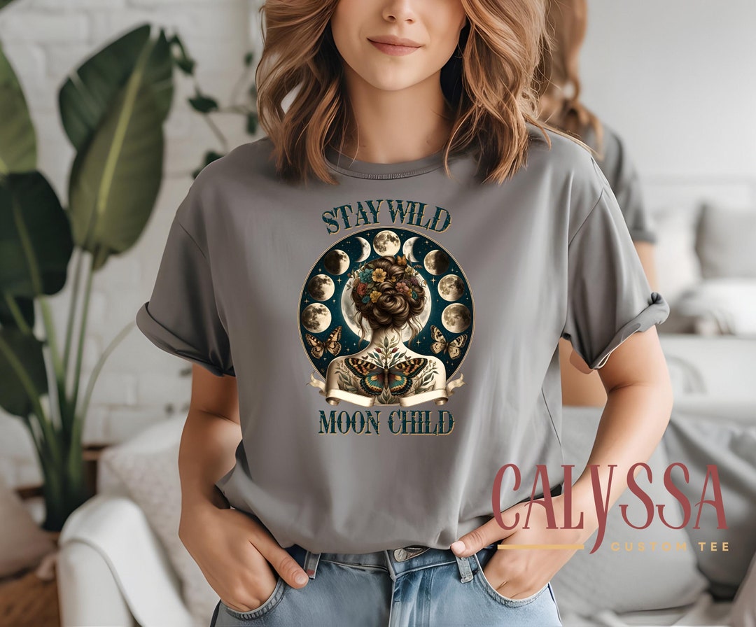 Stay Wild Moon Child T-shirt, Boho Lunar Phases Art Shirt, Cosmic ...