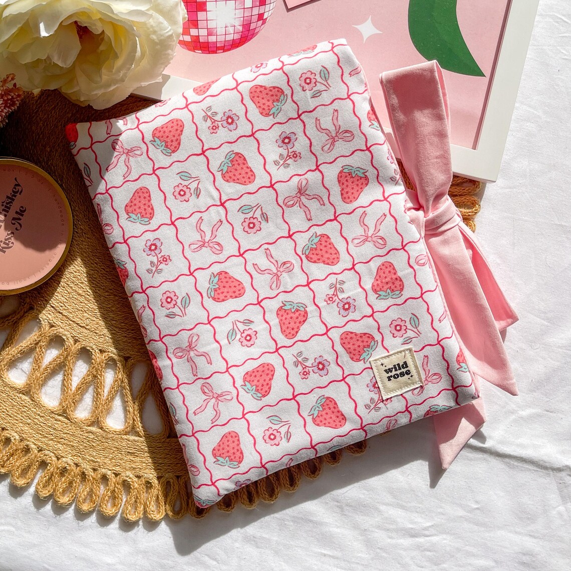 Cute Strawberries and Bows Bow Book Sleeve L Bow Book Sleeve L Handmade ...