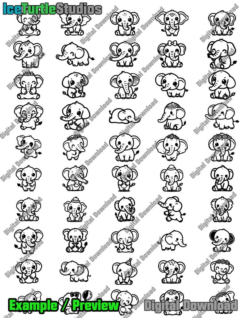 Kawaii Elephants - Printable Clip Art, Concept Art, Game Asset - Etsy