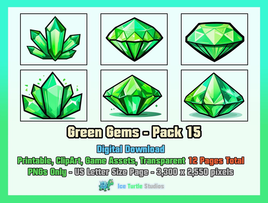 Green Gems Pack #15 - Printable Clip Art, Concept Art, Game Asset - Etsy