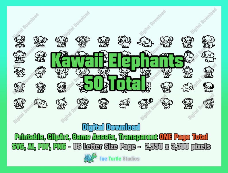 Kawaii Elephants - Printable Clip Art, Concept Art, Game Asset - Etsy