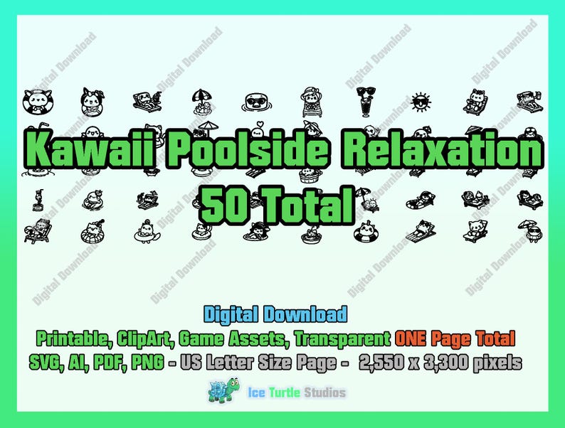 Kawaii Poolside Relaxation - Printable Clip Art, Concept Art, Game ...