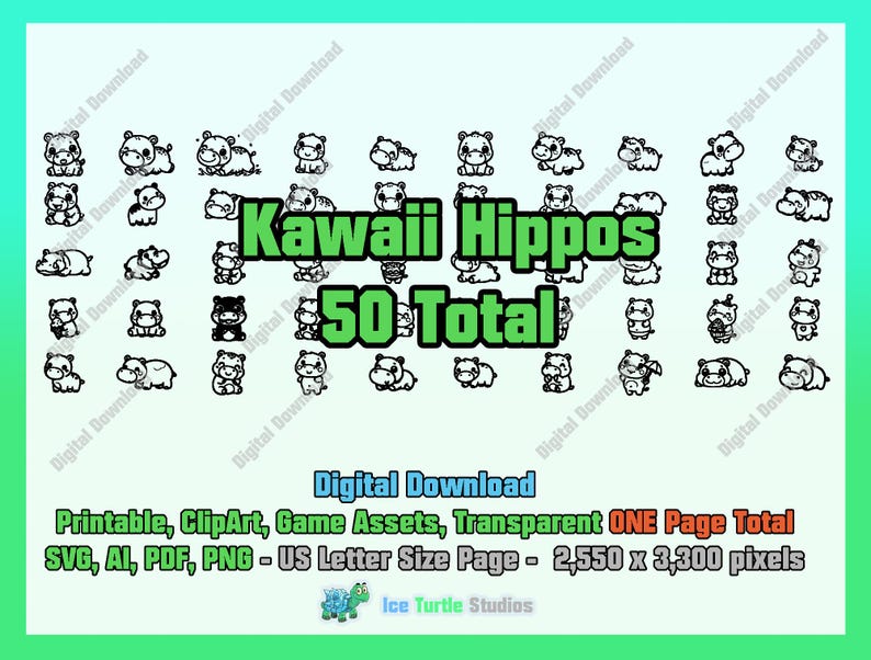 Kawaii Hippos - Printable Clip Art, Concept Art, Game Asset - Etsy