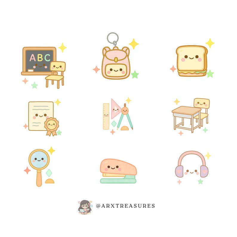 Kawaii School Supplies Clipart Bundle: Pastel Cartoon Stickers ...