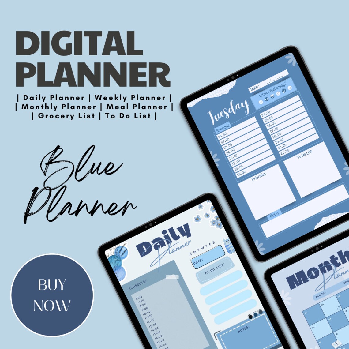Dark Blue & Light Blue Minimal Planner Blue Theme Planner Aesthetic ...