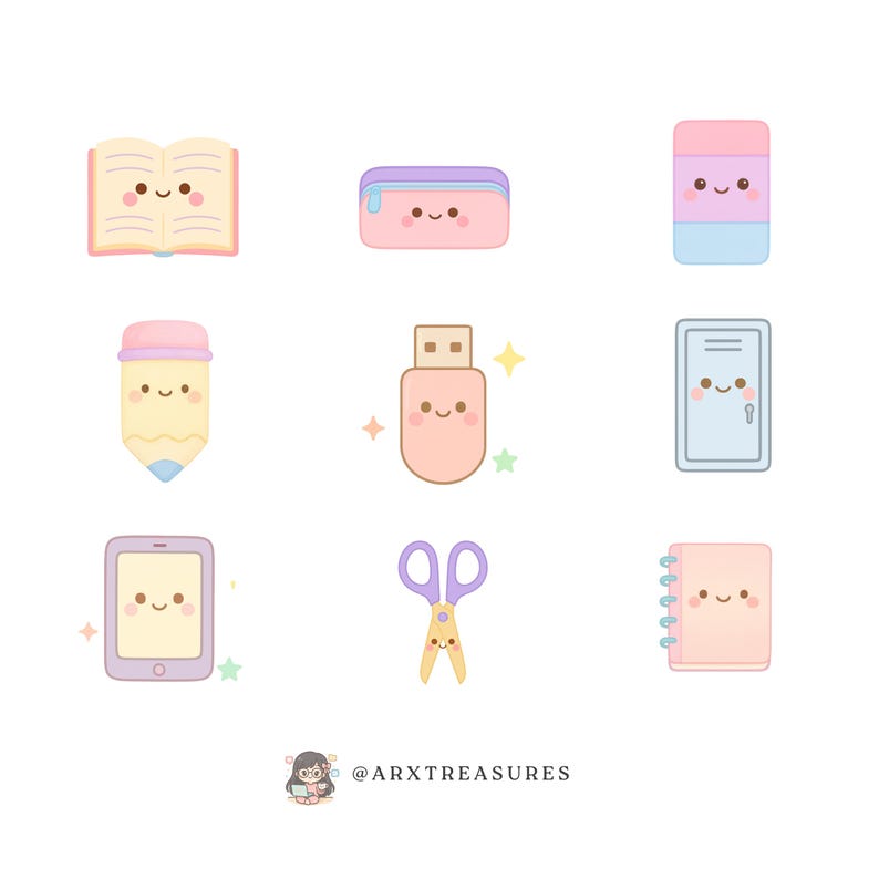 Kawaii School Supplies Clipart Bundle: Pastel Cartoon Stickers ...