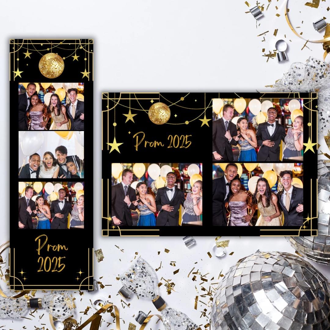 Prom 2025 Photo Booth Template: Black & Gold Overlay (2x6 and 4x6 ...