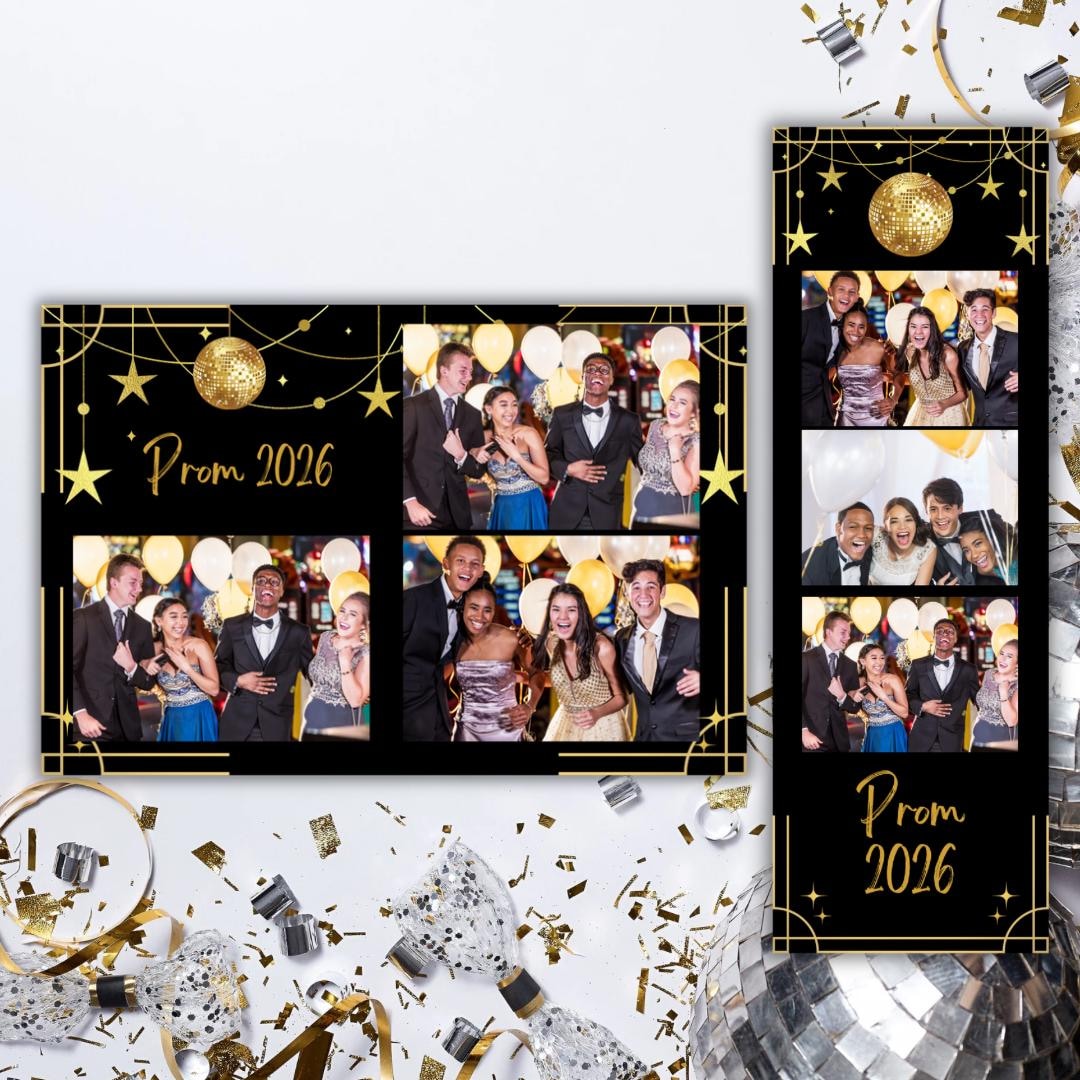 Prom 2026 Photo Booth Template: Black & Gold Overlay (2x6 and 4x6 ...