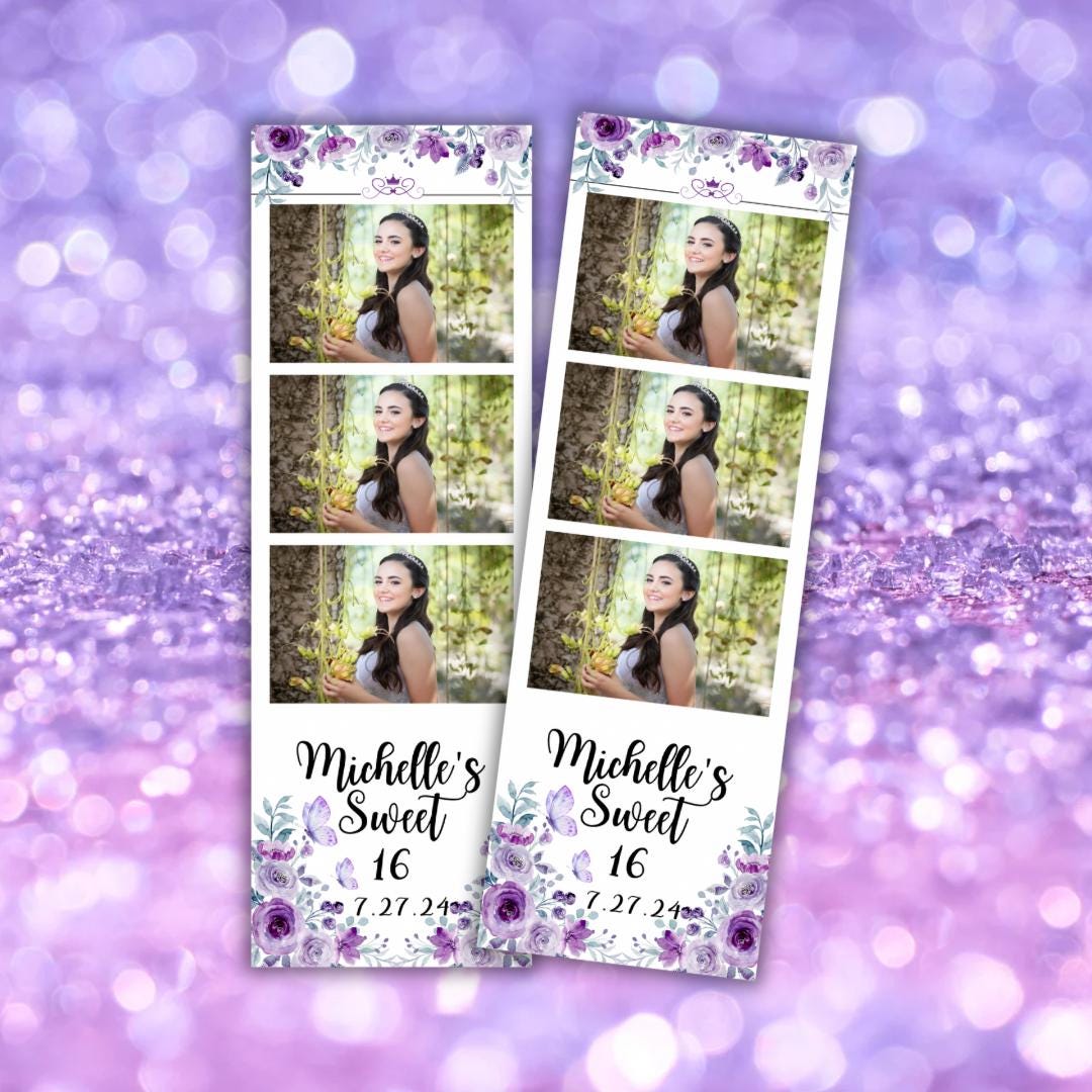 Sweet 16 Photo Booth Template: Purple Floral Butterfly (2x6 PNG and JPG ...