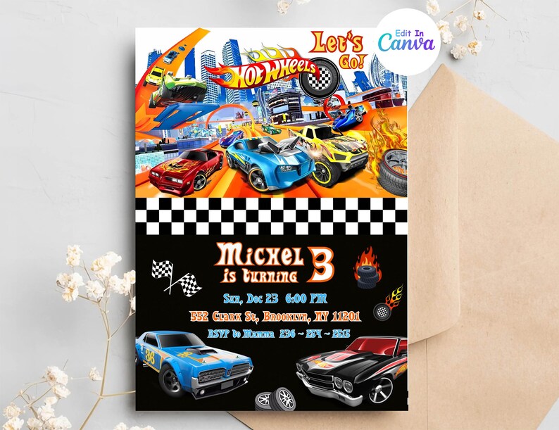 Hot Car Wheel Invitation, Race Cars Birthday Invitation, Digital Hot ...