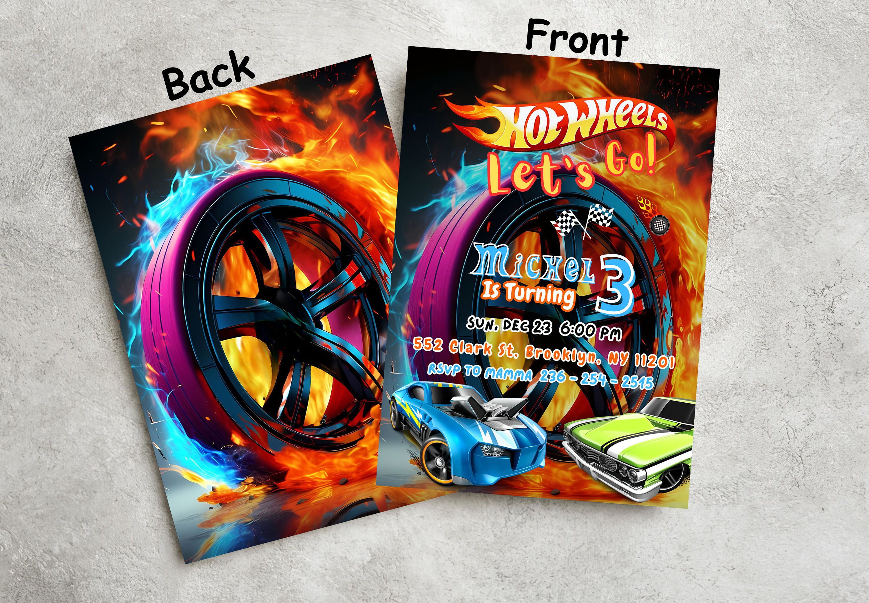 Hot Car Wheel Invitation, Race Cars Birthday Invitation, Neon Digital ...