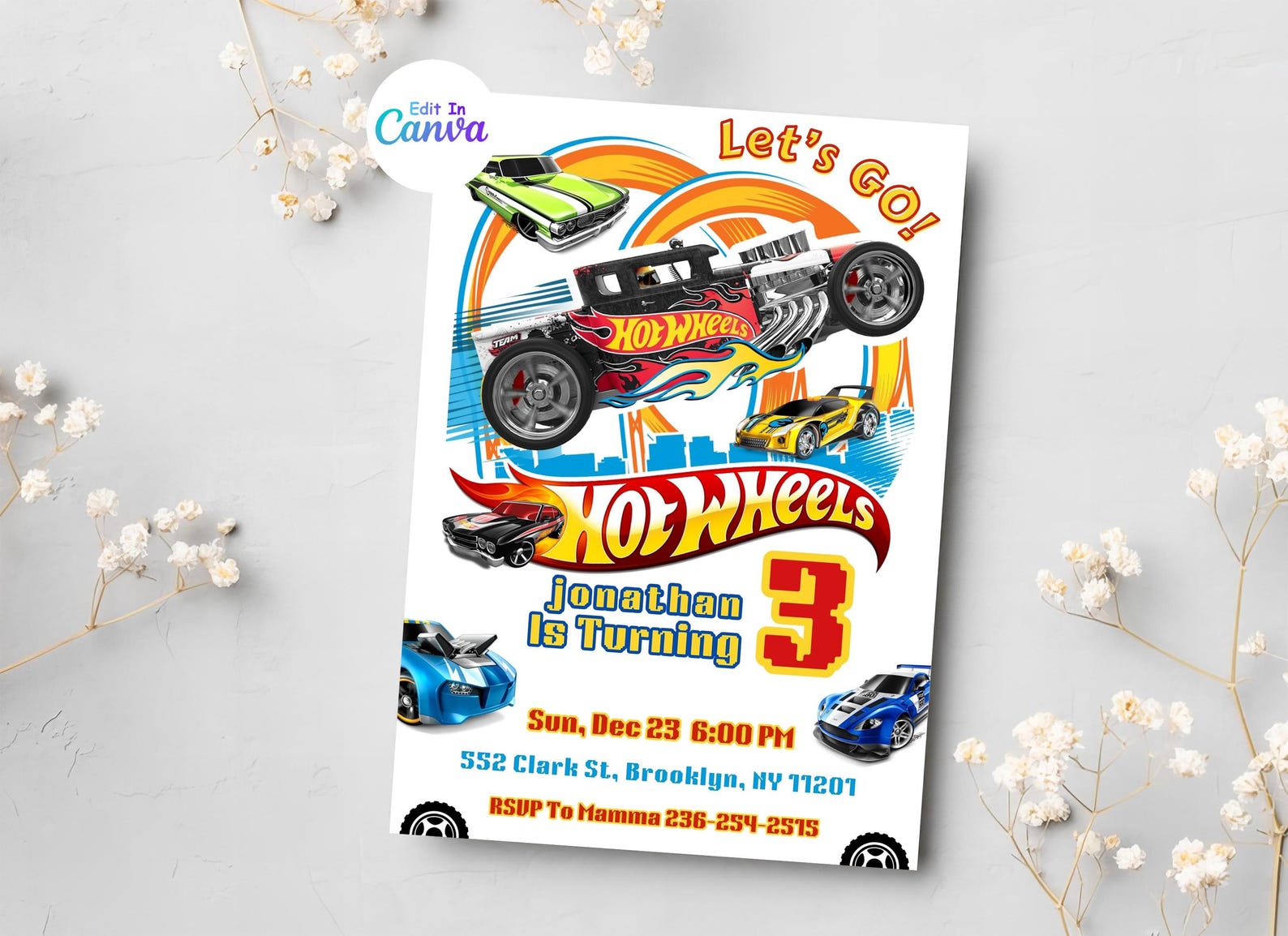 Hot Car Wheel Invitation, Race Cars Birthday Invitation, Digital Hot ...