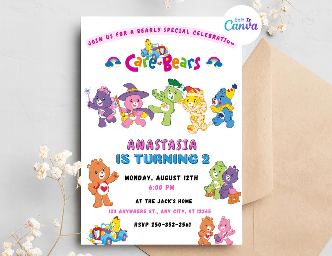 Editable Care Bears Birthday Invitation, Bear Birthday Party Invite ...